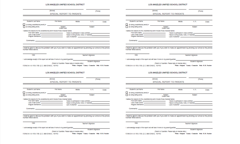 FORM 34-H-51 SPECIAL REPORT TO PARENTS